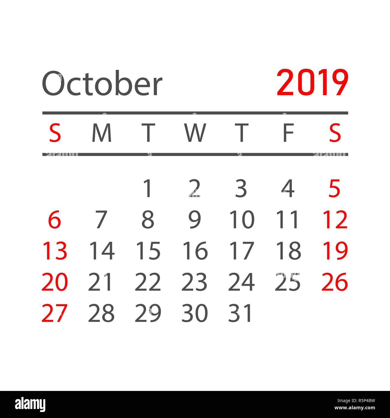 Calendar october 2019 year in simple style. Calendar planner design ...