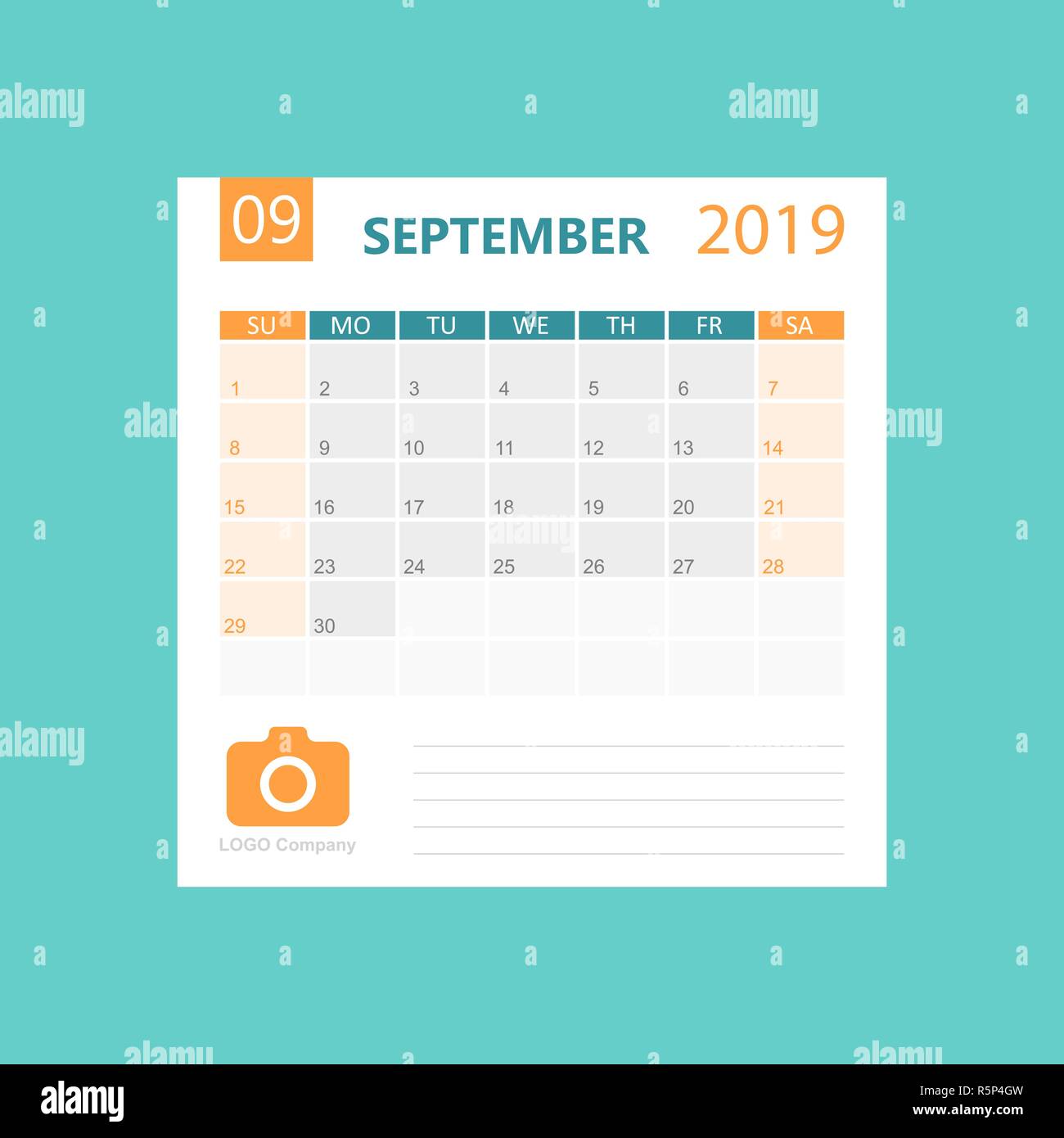 Calendar september 2019 year in simple style. Calendar planner design ...