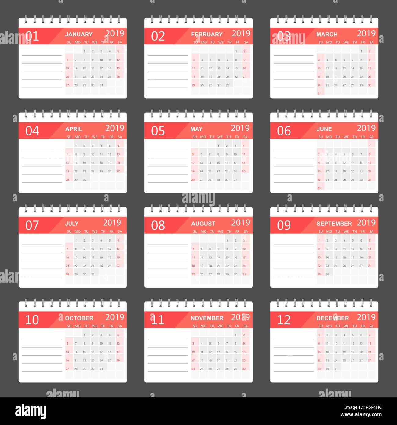 Calendar 2019 year in simple style. Calendar planner design template ...