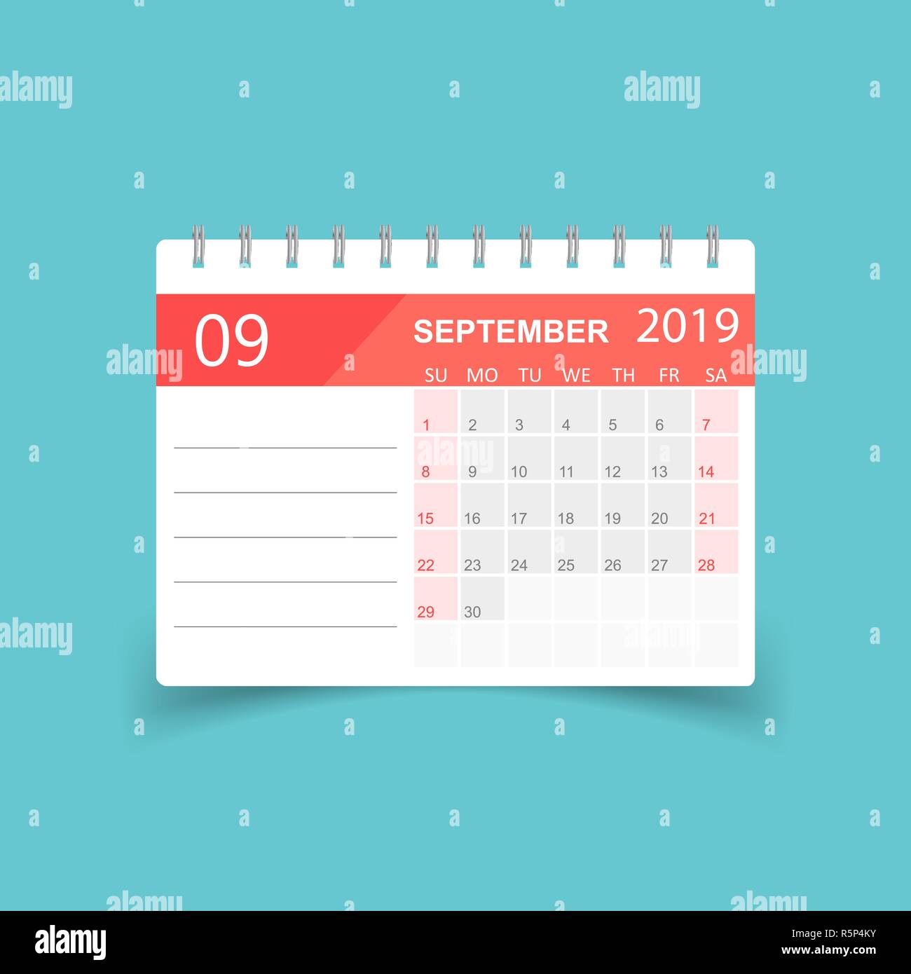 Calendar september 2019 year in paper sticker with shadow. Calendar ...