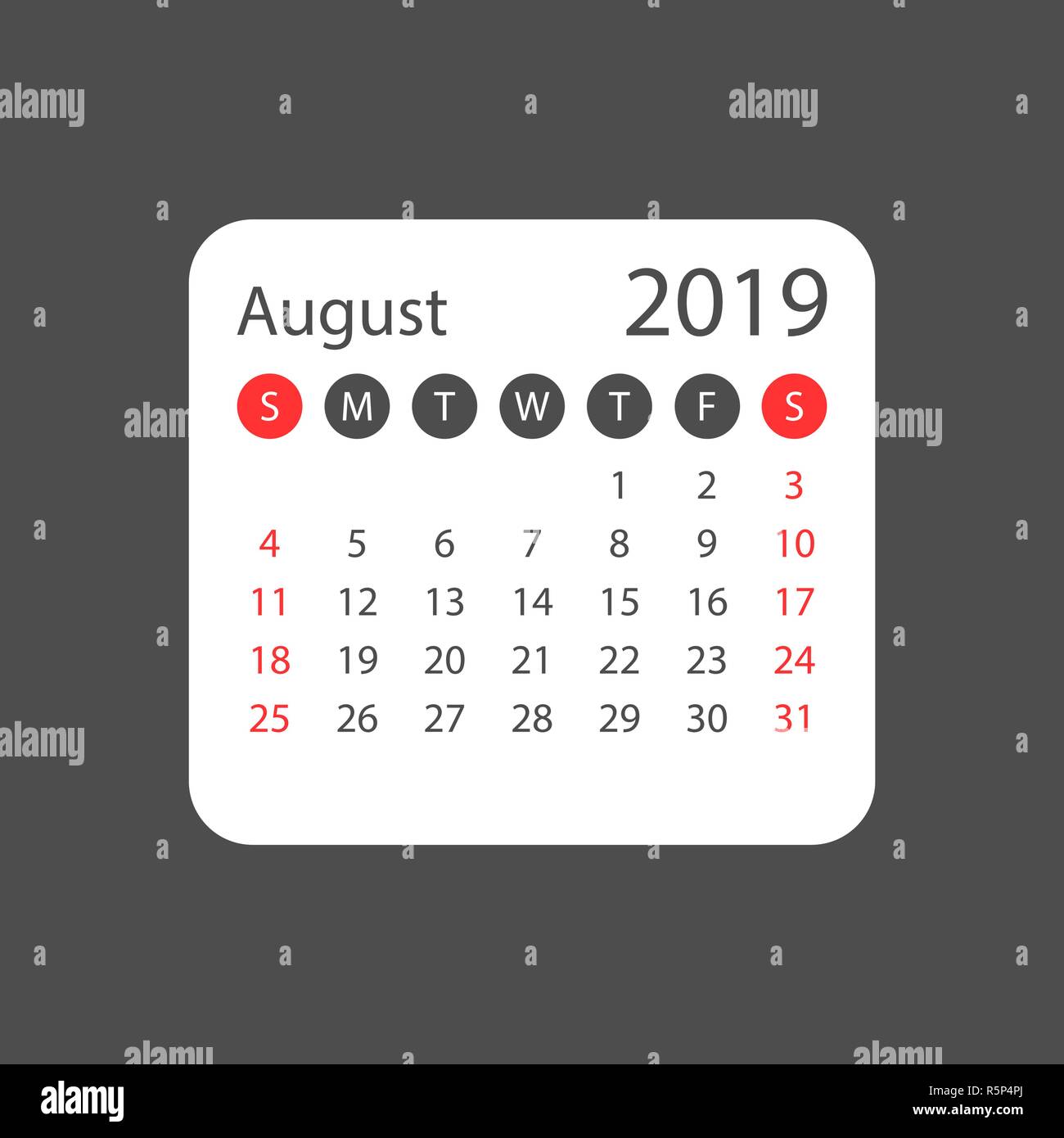 Calendar august 2019 year in simple style. Calendar planner design ...