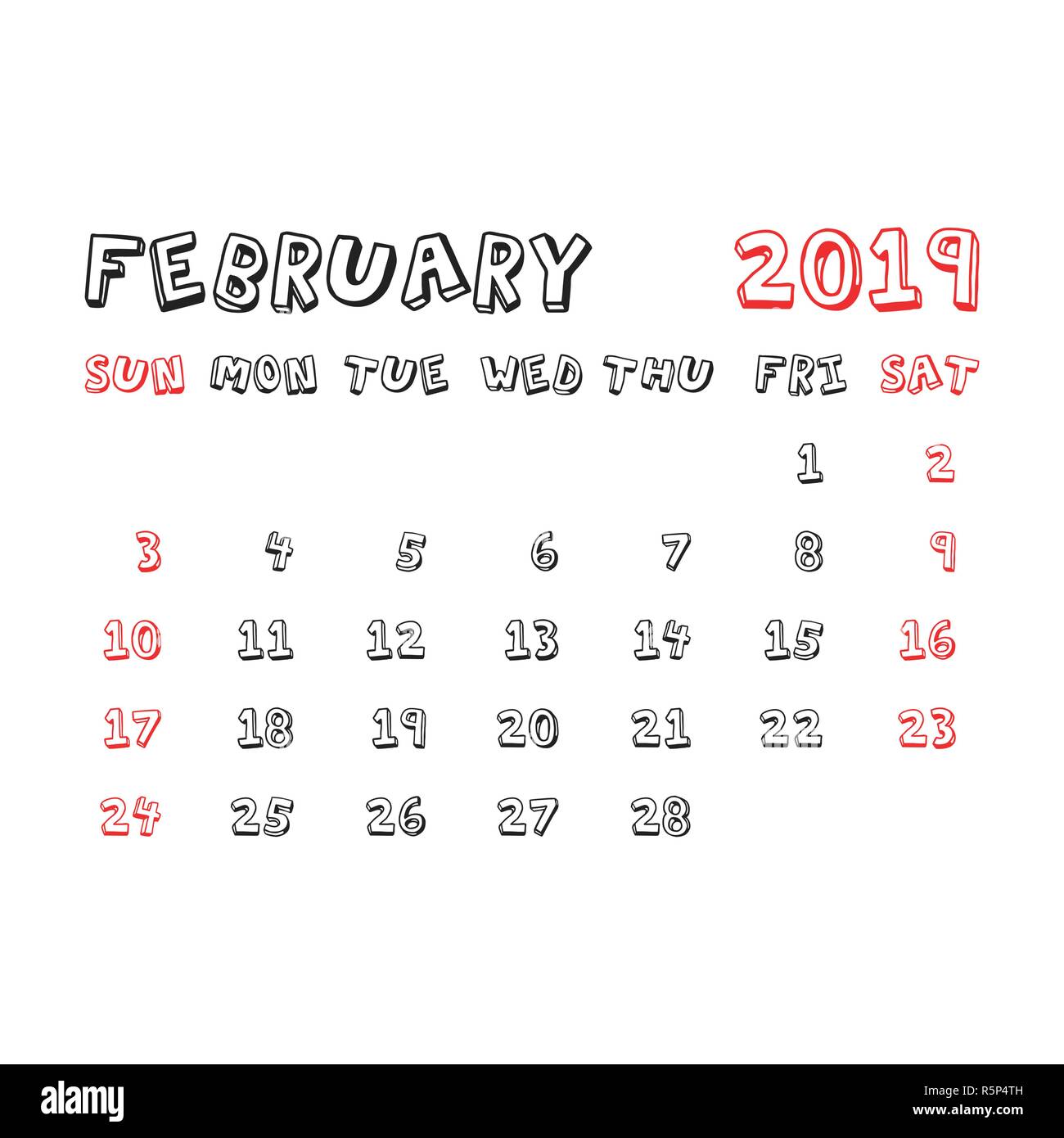 Calendar february 2019 year in cartoon child style. Calendar planner ...
