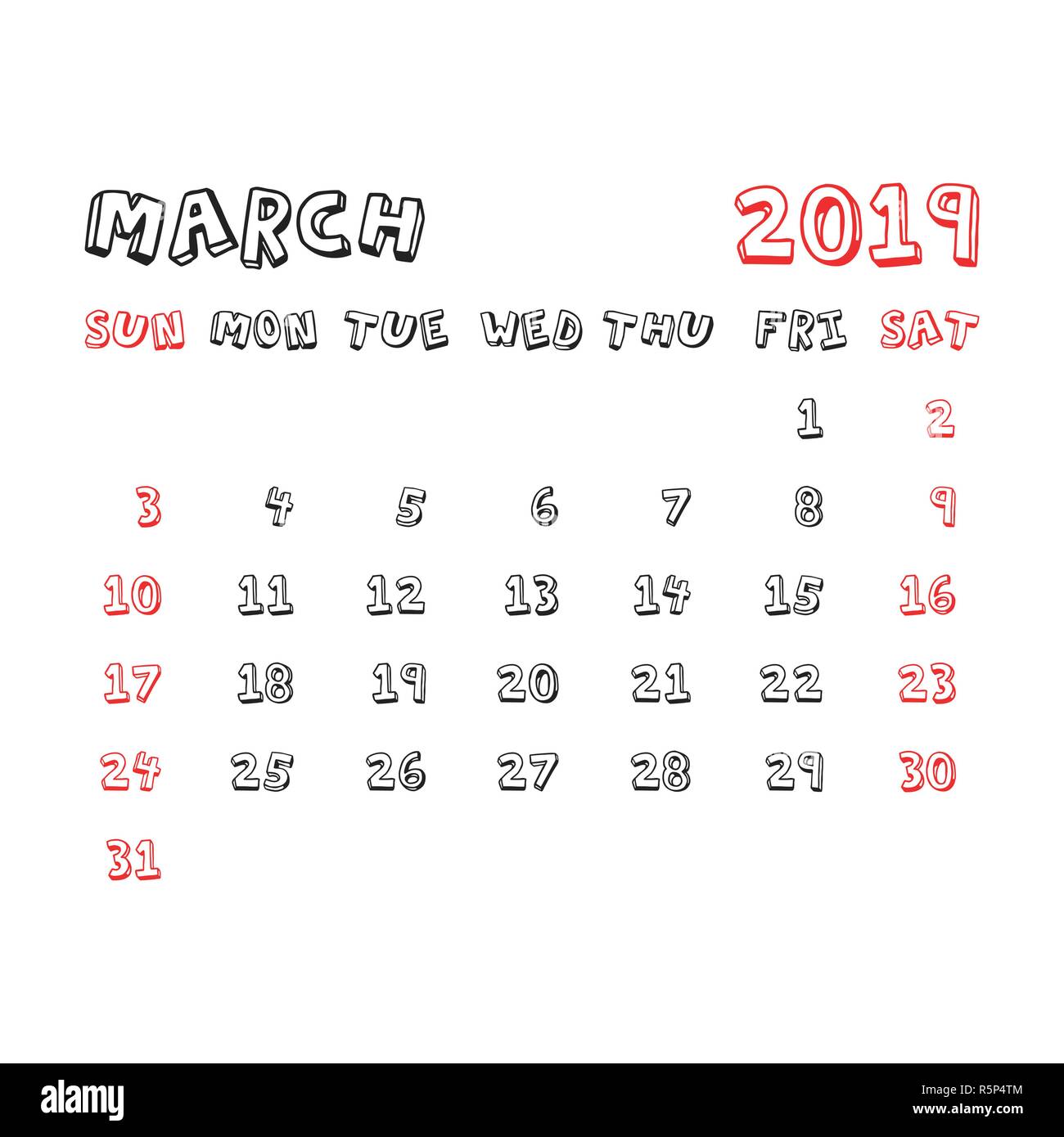 Calendar march 2019 year in cartoon child style. Calendar planner ...