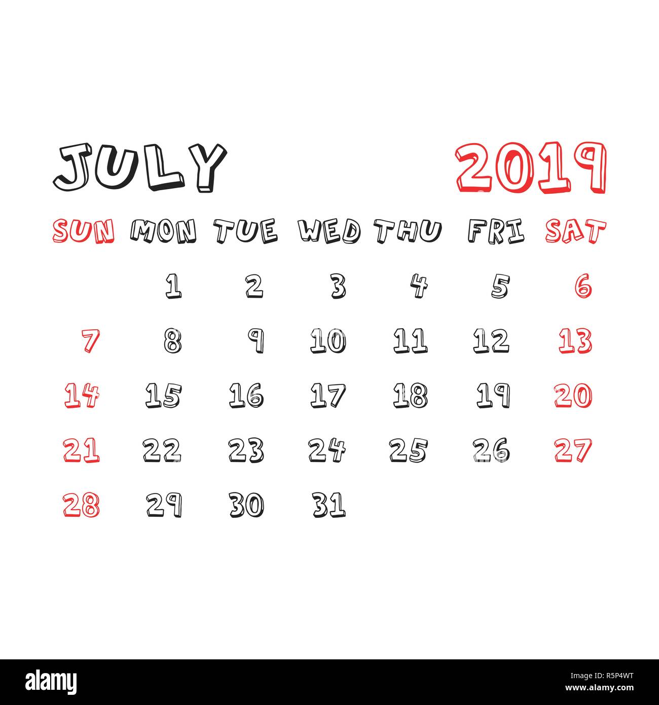 Calendar july 2019 year in cartoon child style. Calendar planner design ...