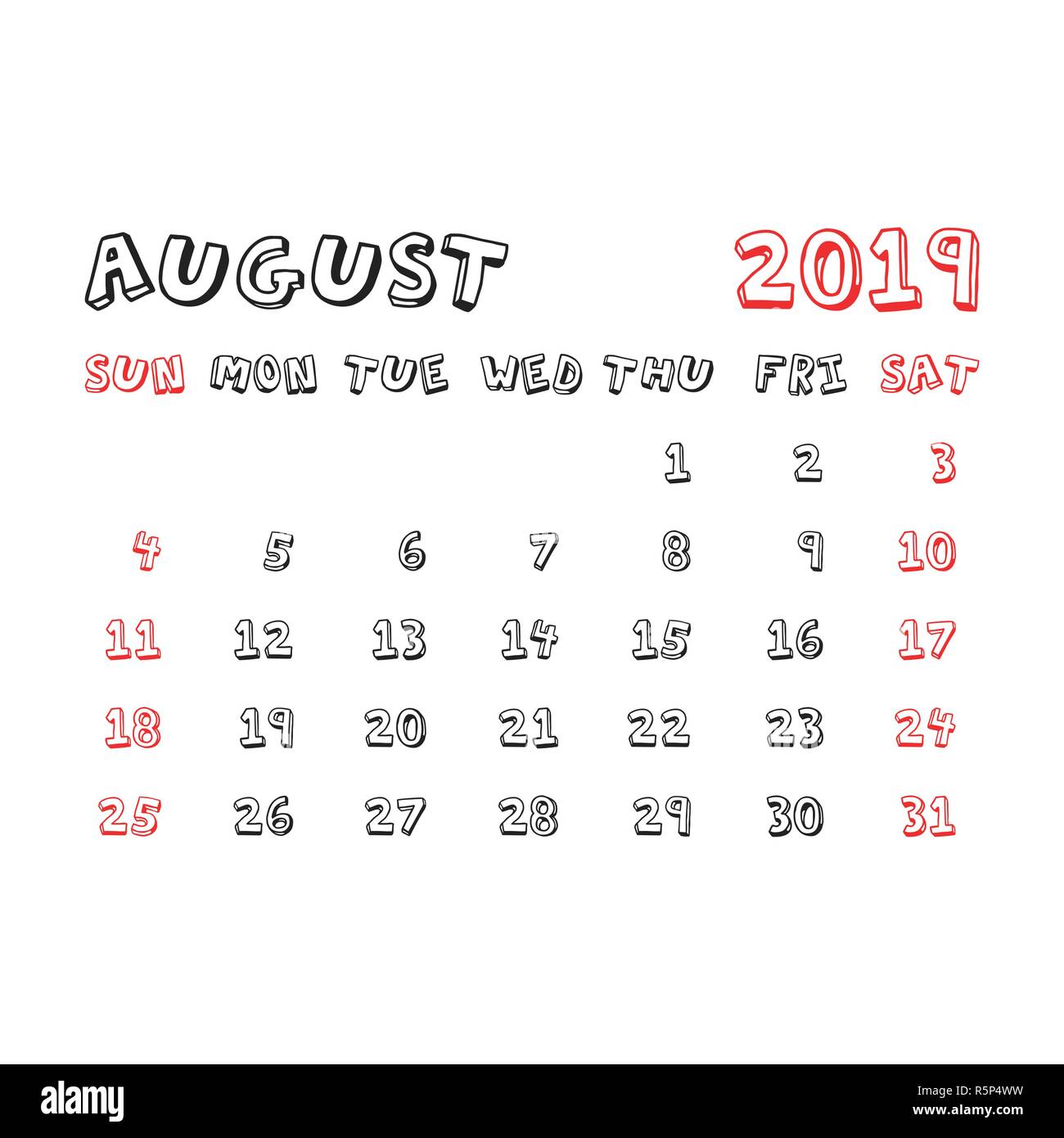 Calendar august 2019 year in cartoon child style. Calendar planner ...
