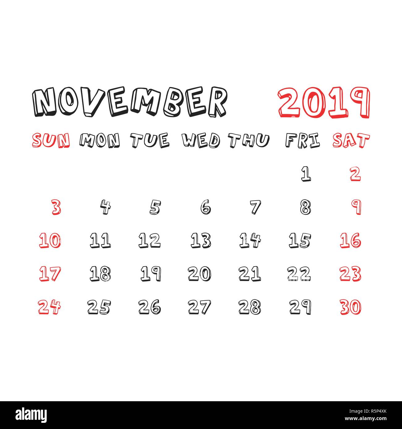 Calendar november 2019 year in cartoon child style. Calendar planner ...