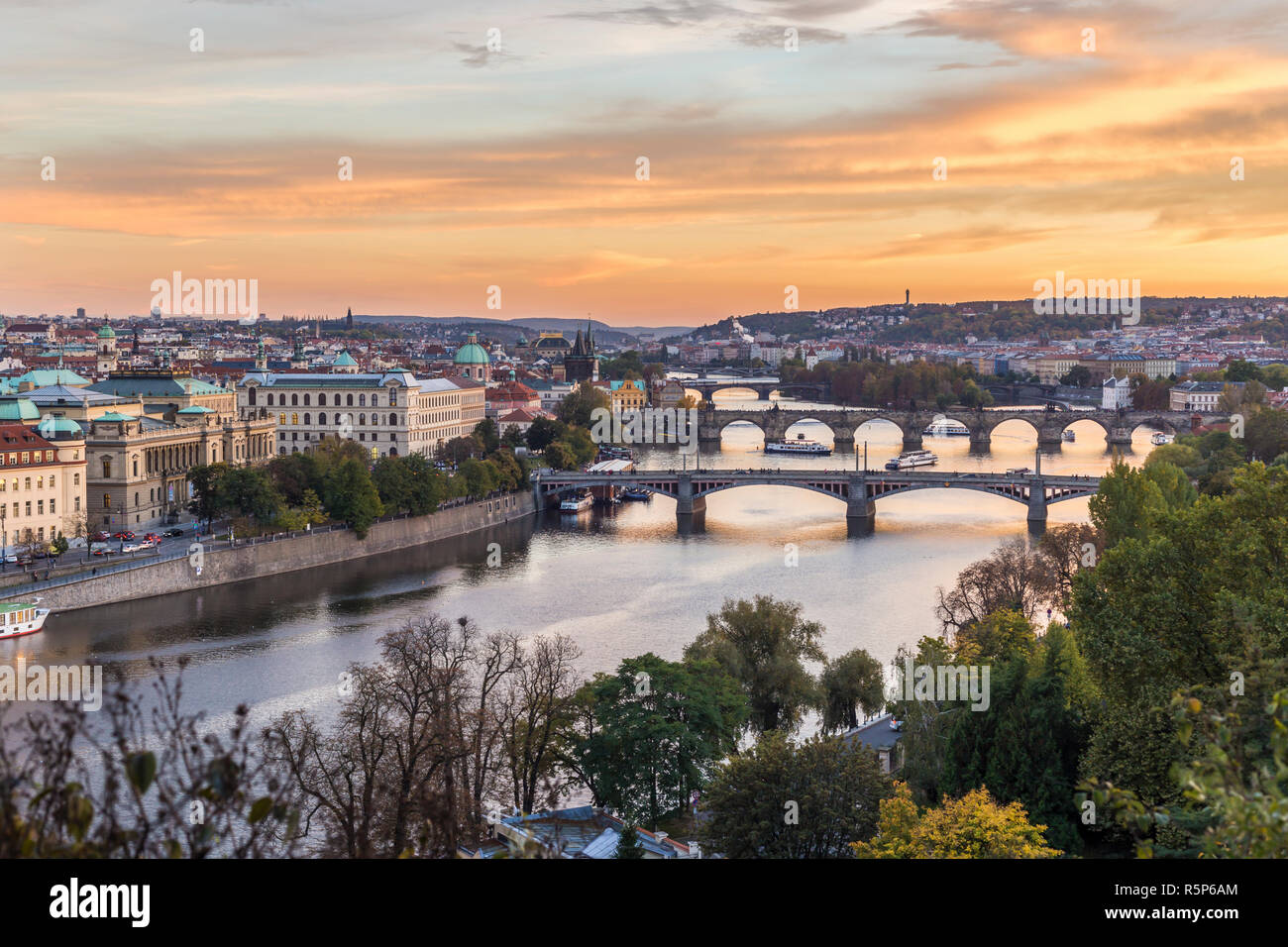 High angle view of Prague bridges during sunset Stock Photo - Alamy