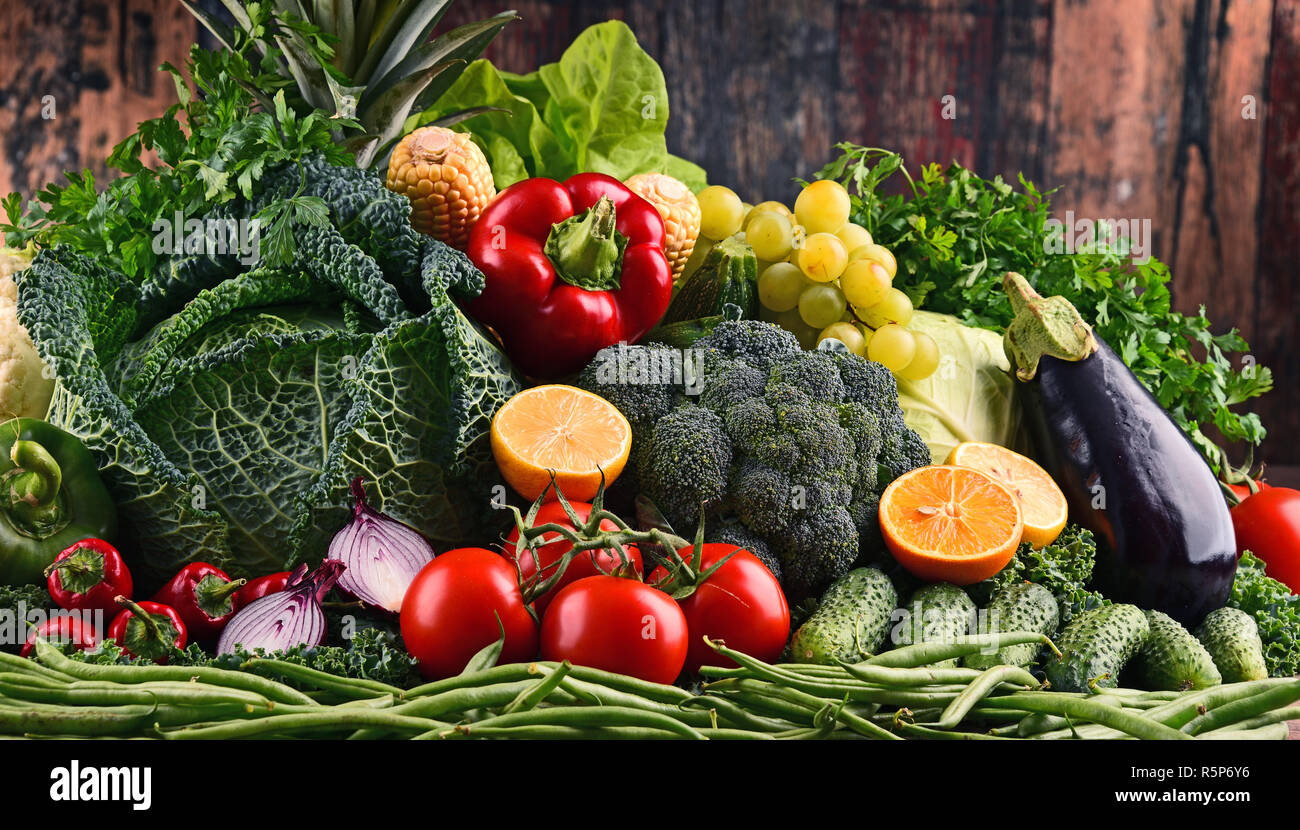 Composition with variety of raw organic vegetables and fruits Stock ...