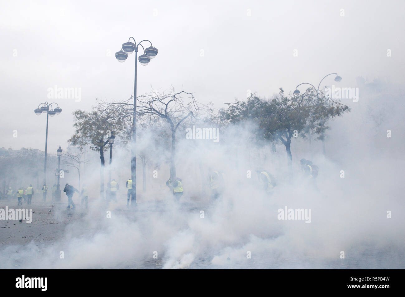 Paris, France. 1st December 2018. Riot Police uses a water canon and ...