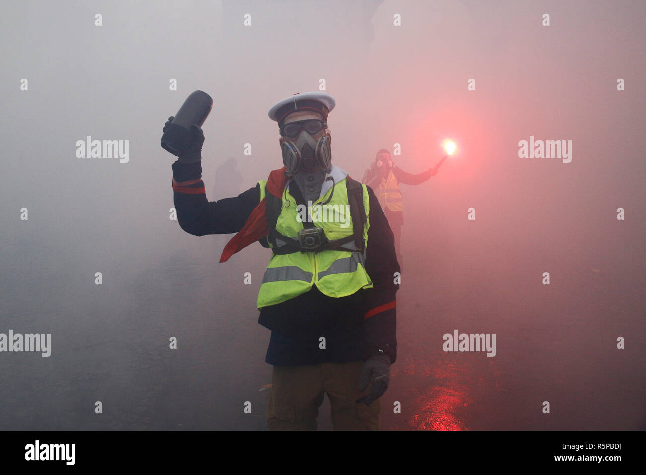 Paris, France. 1st December 2018. Riot Police uses a water canon and ...
