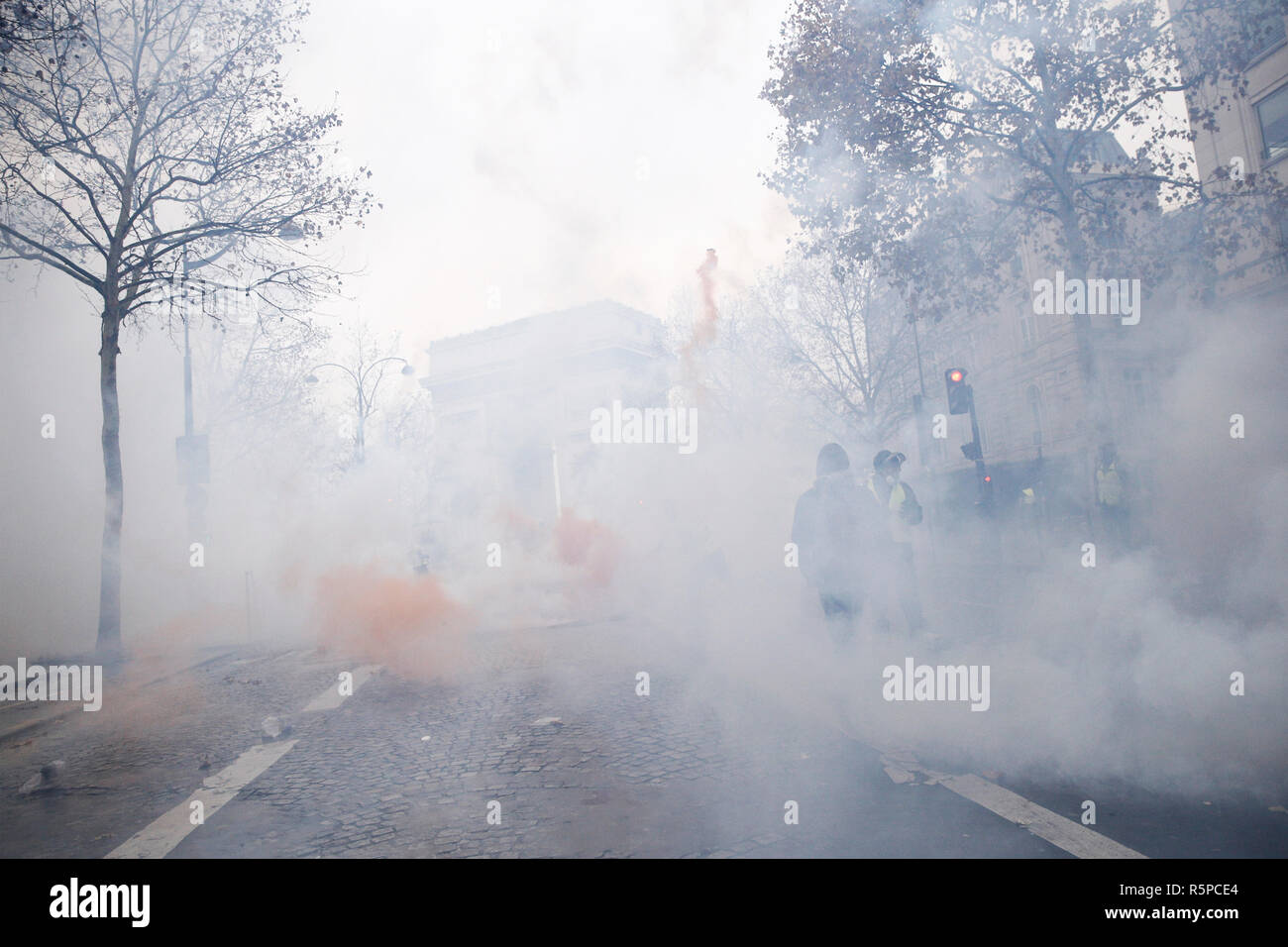 Paris, France. 1st December 2018. Riot Police uses a water canon and ...