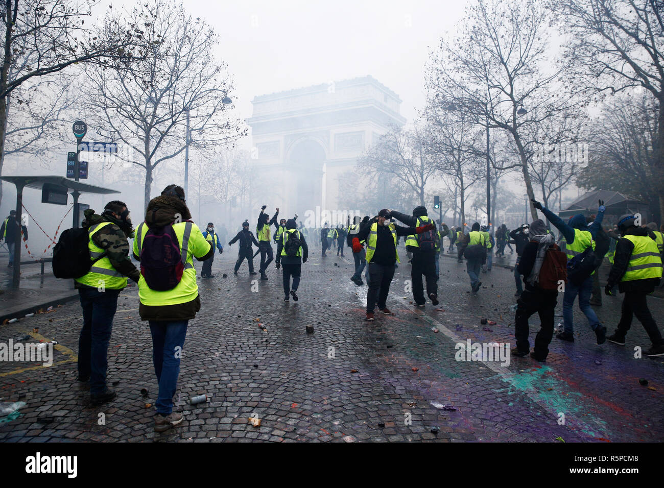 Paris, France. 1st December 2018. Riot Police uses a water canon and ...