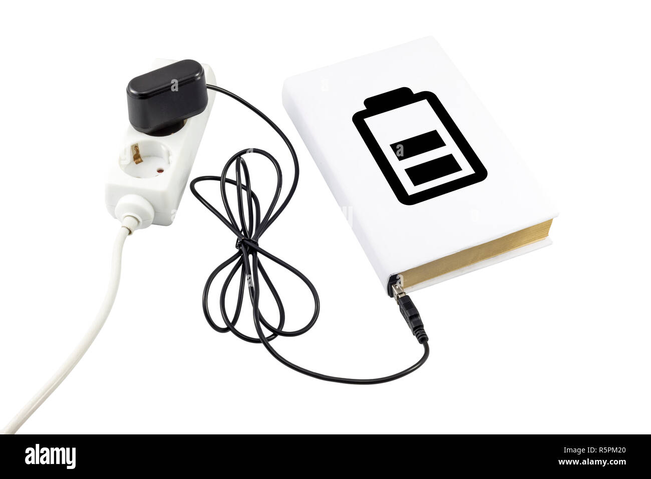 Book connected to a USB charger. Battery symbol indicating the charge ...