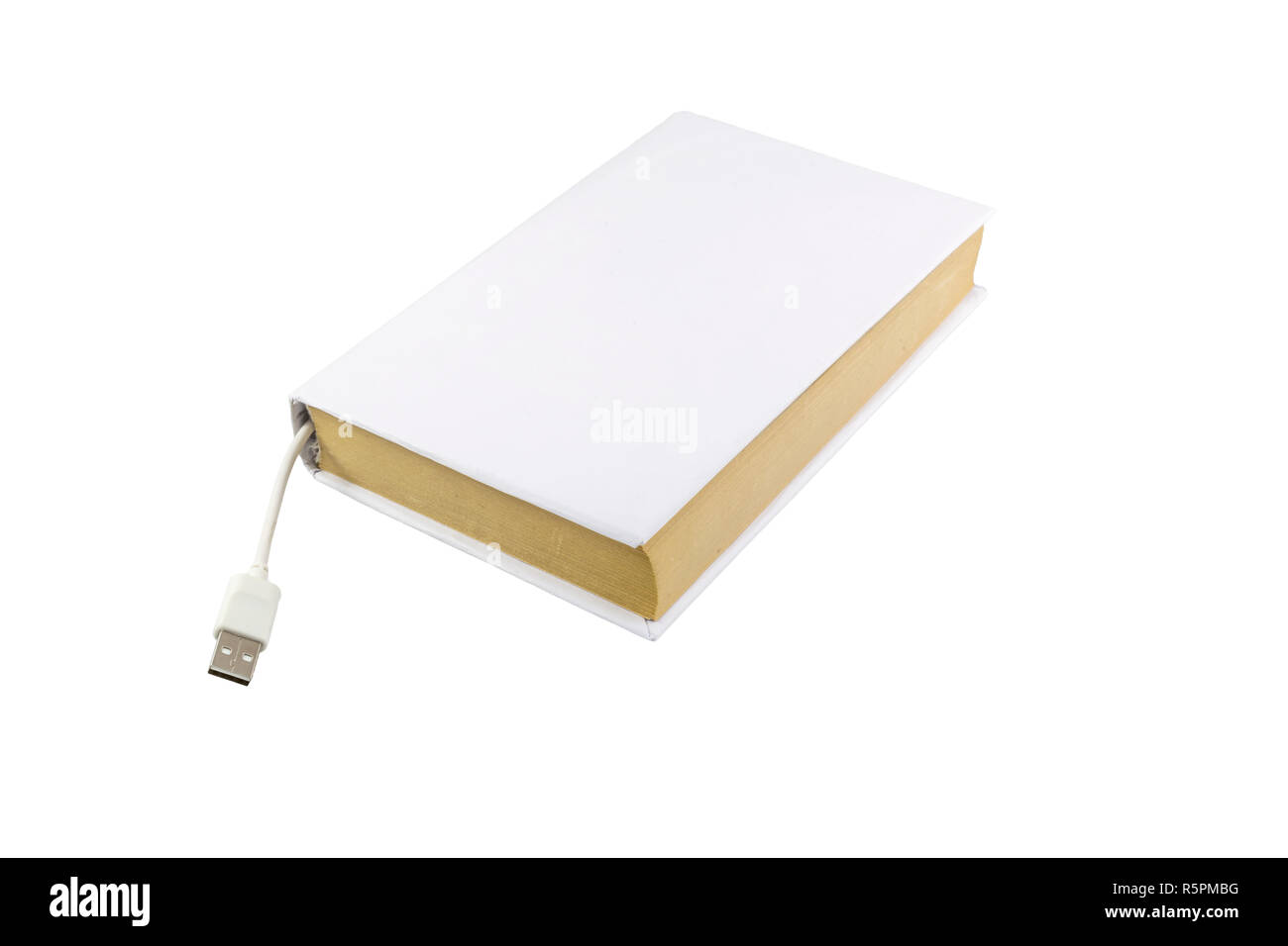Book with blank cover and male USB connector isolated on white ...