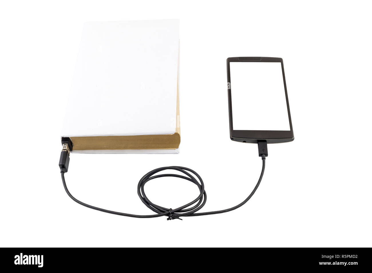 Cellphone connected to a book through usb. Isolated on white Stock ...