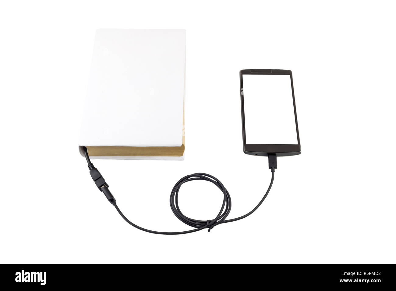 Cellphone connected to a book through usb. Isolated on white Stock ...