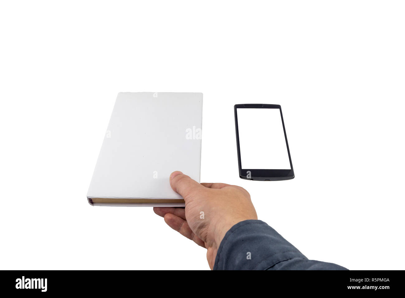 Smartphone and a book isolated on white. New versus old concept Stock ...