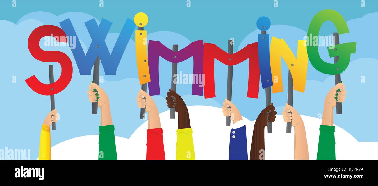 Diverse hands holding letters of the alphabet created the word Swimming ...