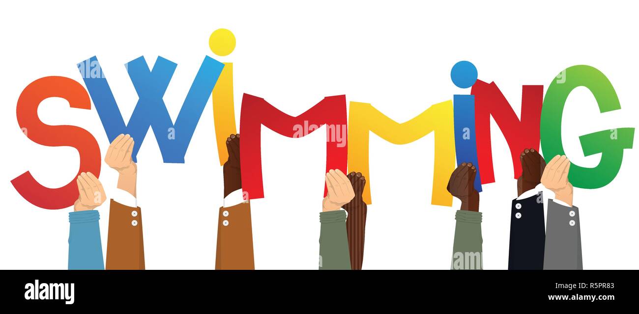 Diverse hands holding letters of the alphabet created the word Swimming ...
