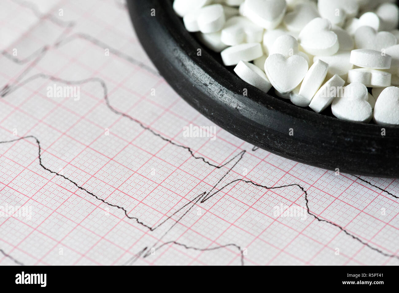 Cardiology. Macro of ECG graph and cardio pills. Pills as a heart Stock ...