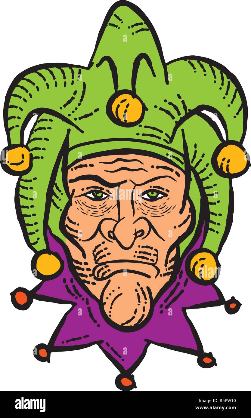 Etching style illustration head of a medieval court jester, harlequin ...