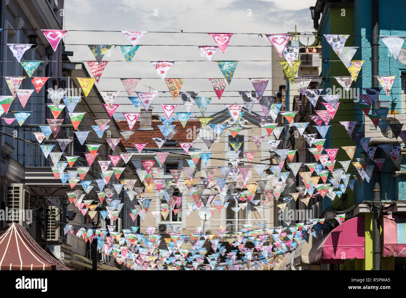 PLOVDIV, BULGARIA - JUNE 03, 2018 - Beautiful flags decoration during ...