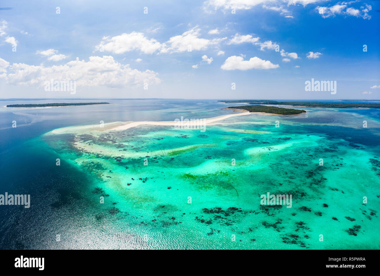 Aerial view tropical beach island reef caribbean sea. White sand bar ...
