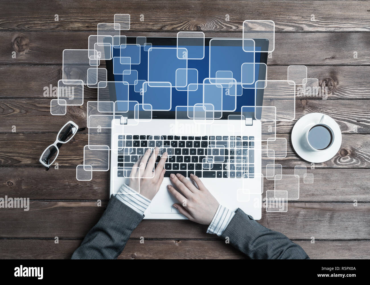 Business workplace with laptop device coffee cup and media user ...