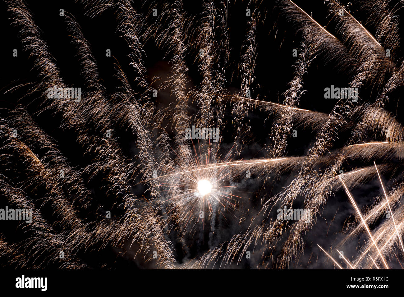 Close-up of a fireworks display. Unique forms and patterns on black ...