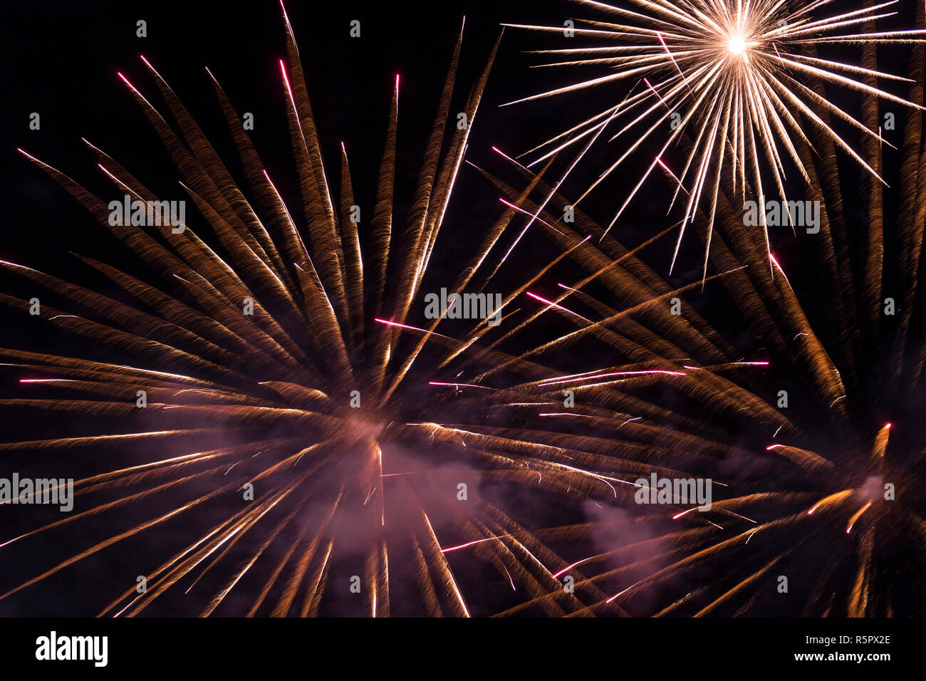 Close-up of a fireworks display. Unique forms and patterns on black ...