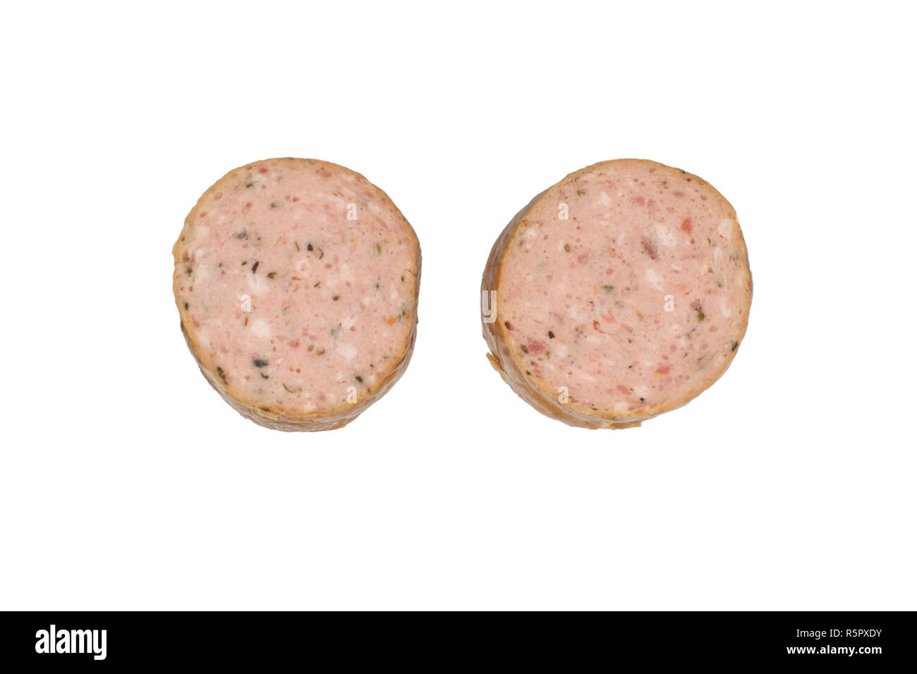 Slice of traditional Bulgarian sausage with herbs and spices called ...