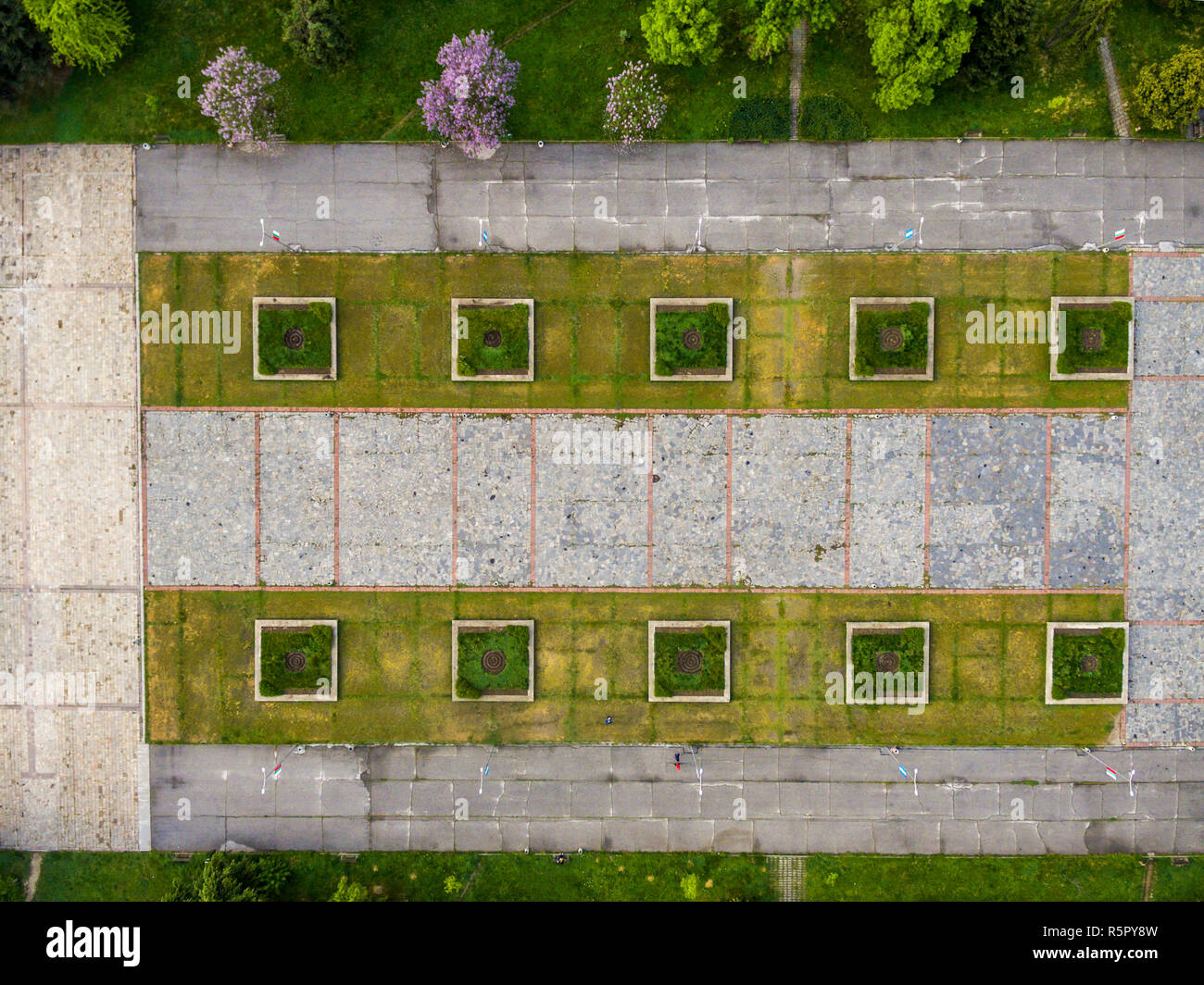 Aerial view of an urban symmetrical architecture. Concrete tiles and ...