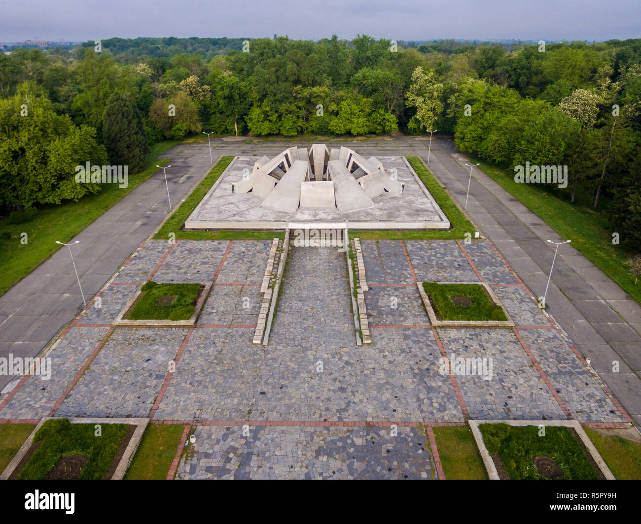 Aerial view of an urban symmetrical architecture. Concrete tiles and ...