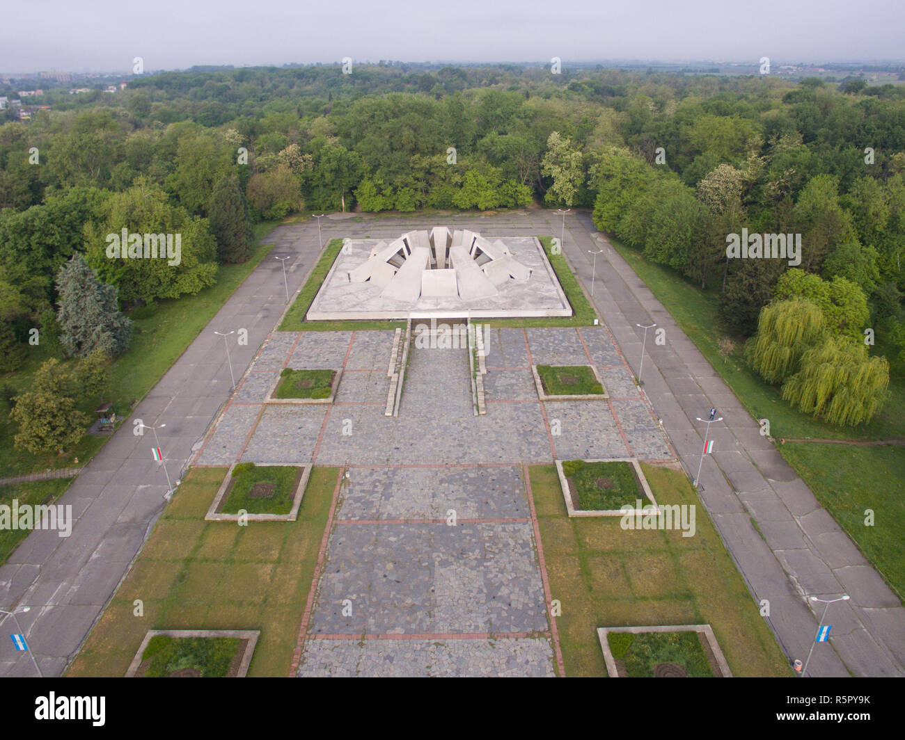 Aerial view of an urban symmetrical architecture. Concrete tiles and ...
