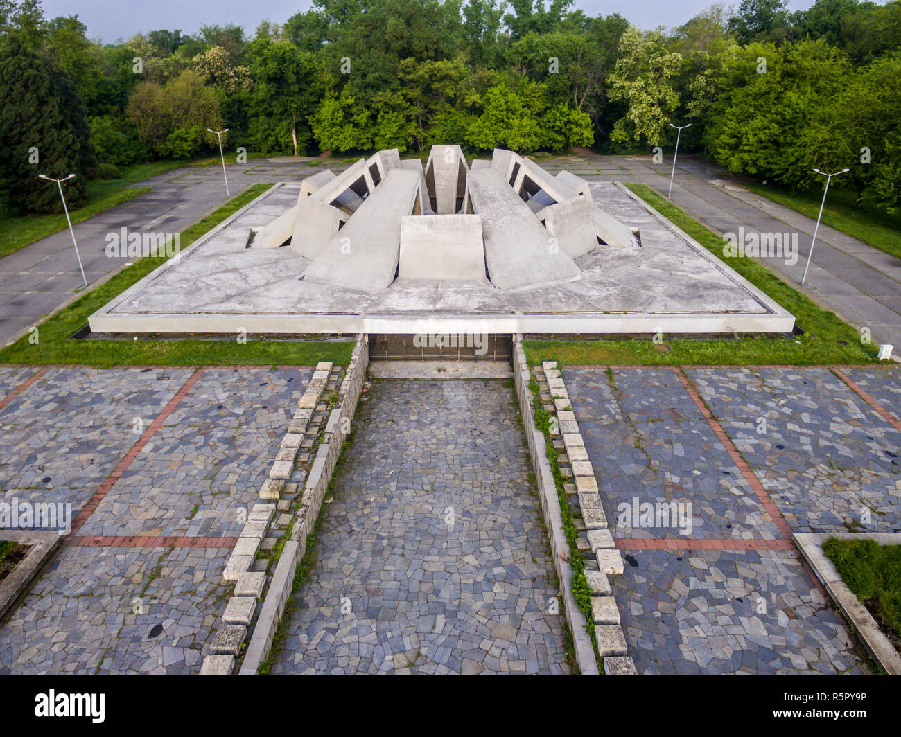 Aerial view of an urban symmetrical architecture. Concrete tiles and ...