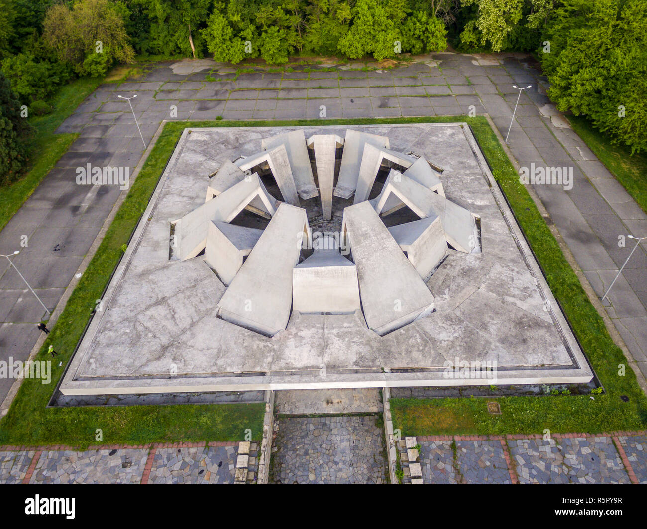 Aerial view of an urban symmetrical architecture. Concrete tiles and ...