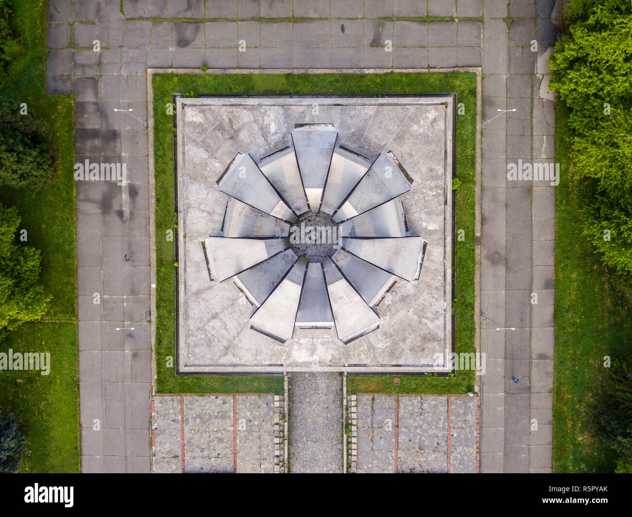 Aerial view of an urban symmetrical architecture. Concrete tiles and ...