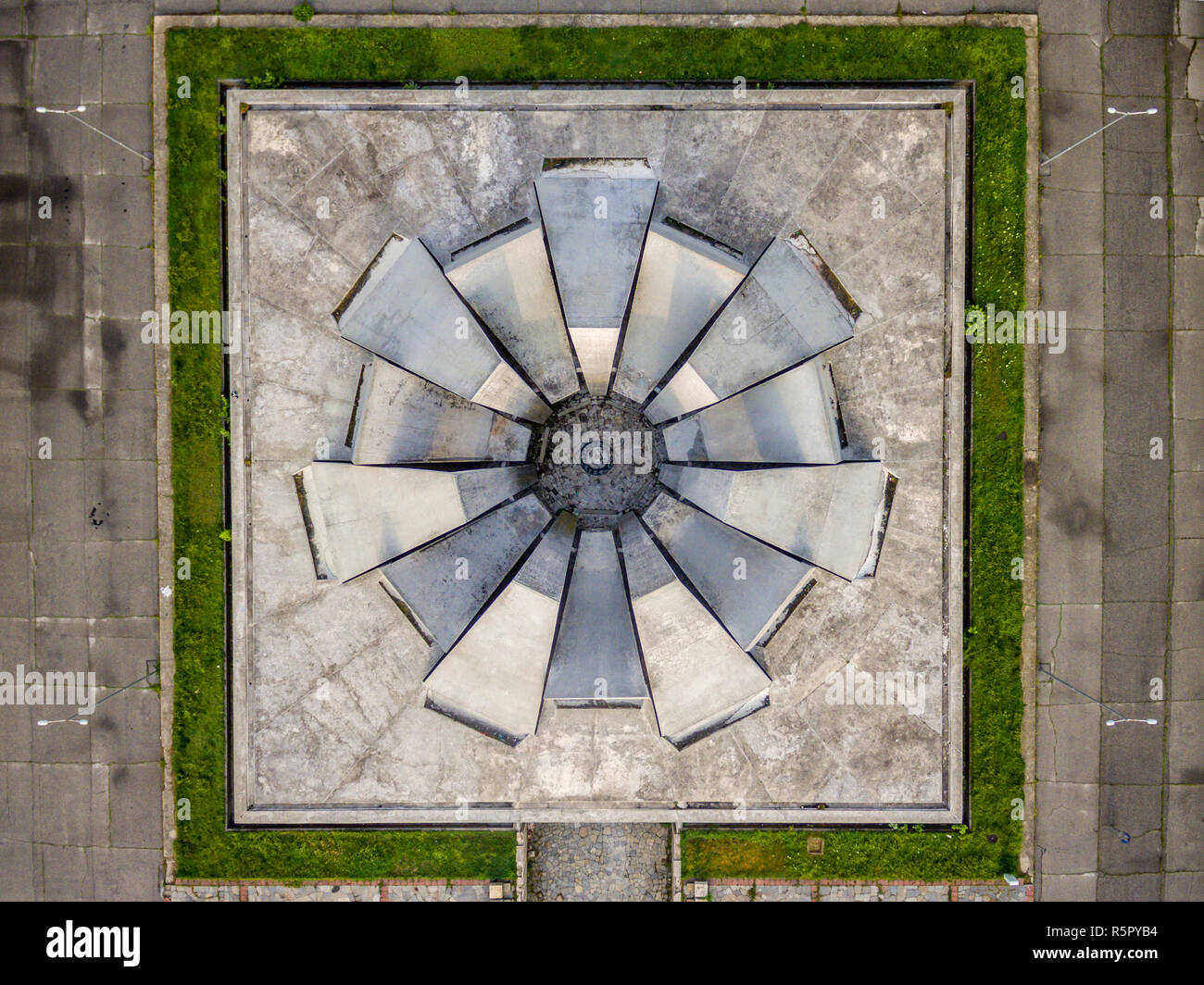 Aerial view of an urban symmetrical architecture. Concrete tiles and ...