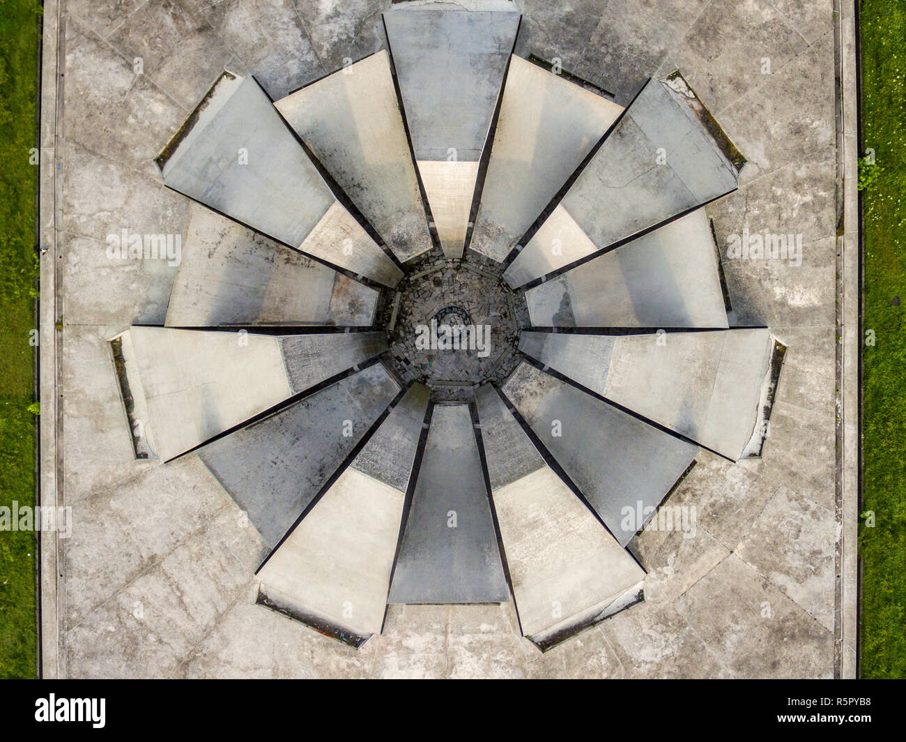 Aerial view of an urban symmetrical architecture. Concrete tiles and ...