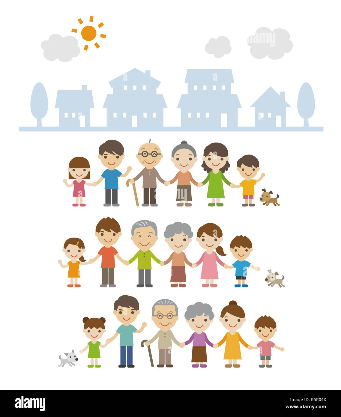 Three generation families holding hands and standing together in front ...