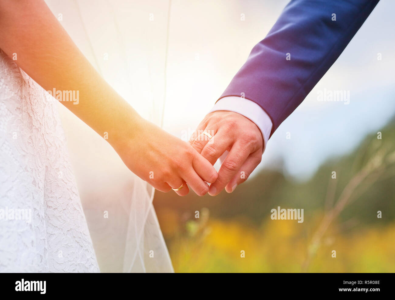 Wedding couple holding hands Stock Photo - Alamy