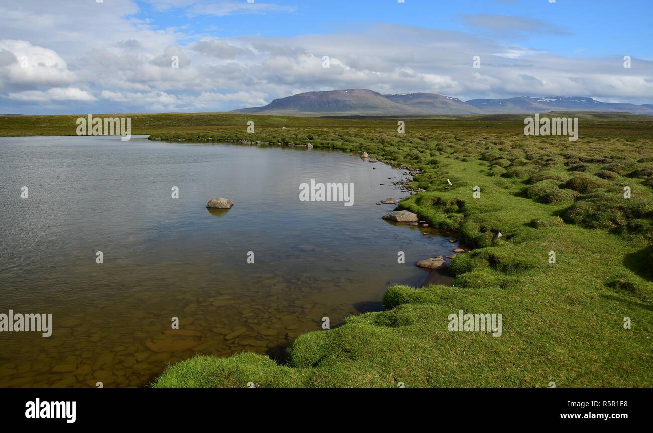 Icelandic landscape. A lake on peninsula Skagi, with mountains in the ...