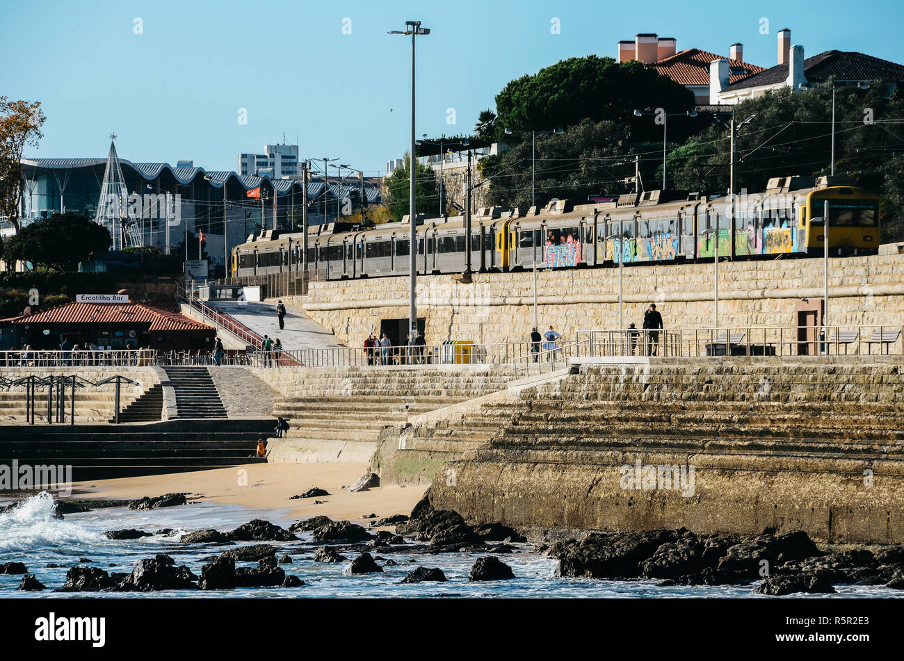 Cascais, Portugal - Nov 30, 2018: Train arriving at Cascais railway ...