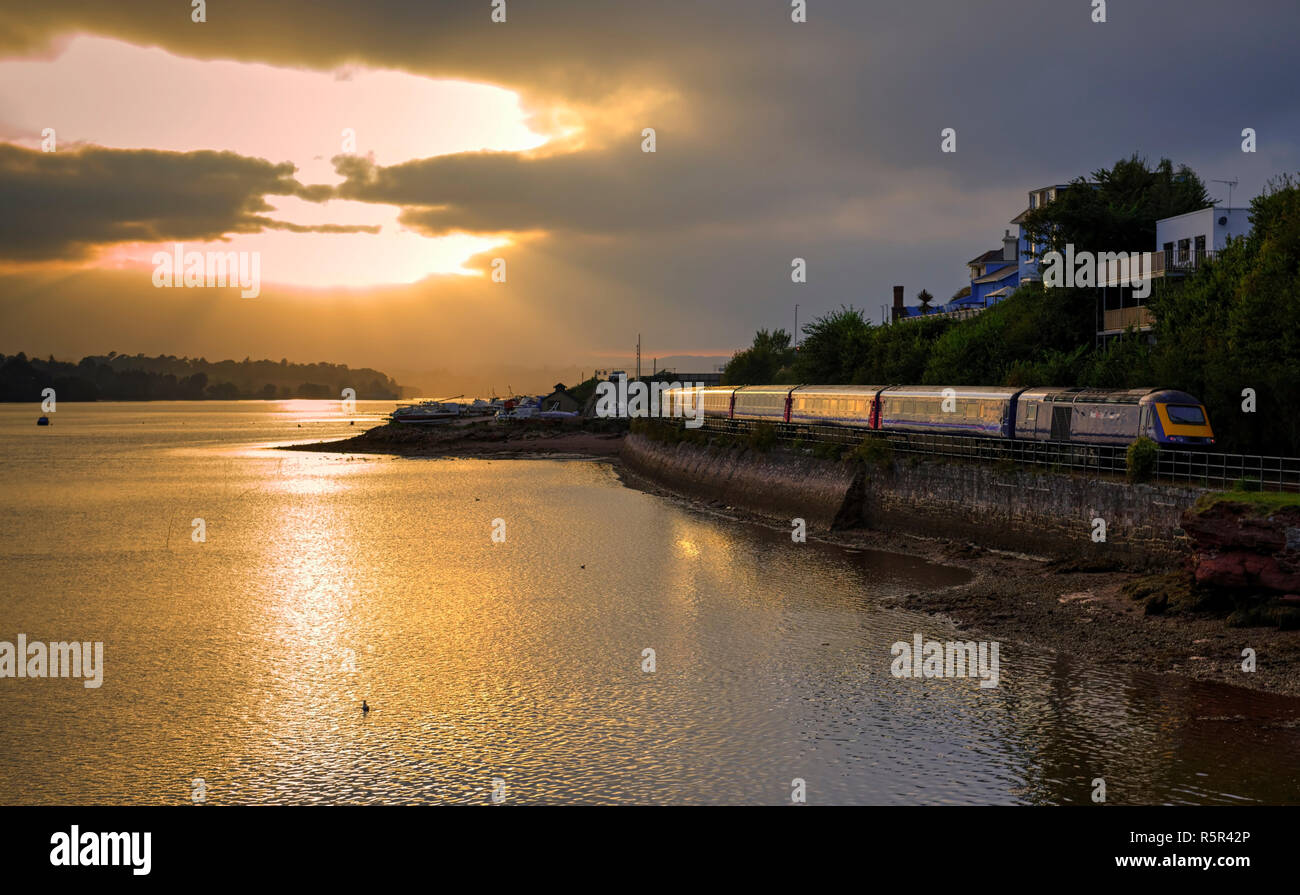 Evening sunshine over the river Teign estuary, seen from Shaldon bridge ...