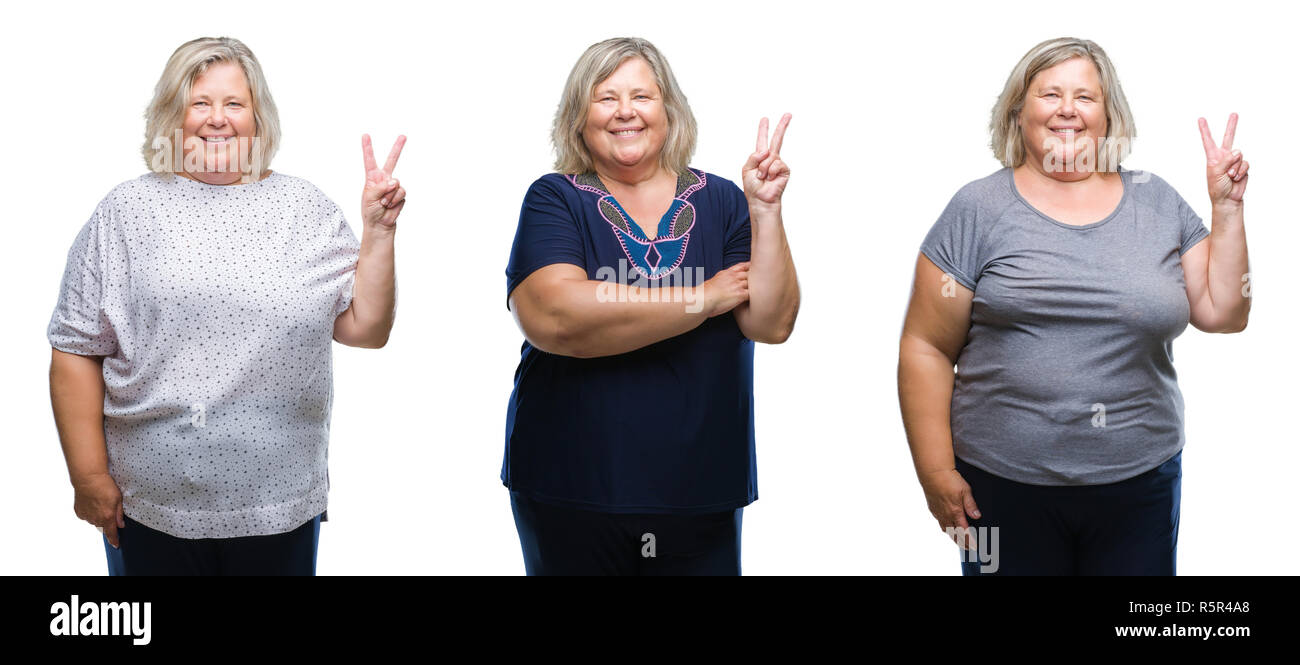 Collage of senior fat woman over isolated background smiling with happy ...