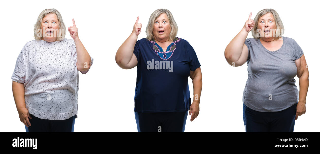 Collage of senior fat woman over isolated background pointing finger up ...