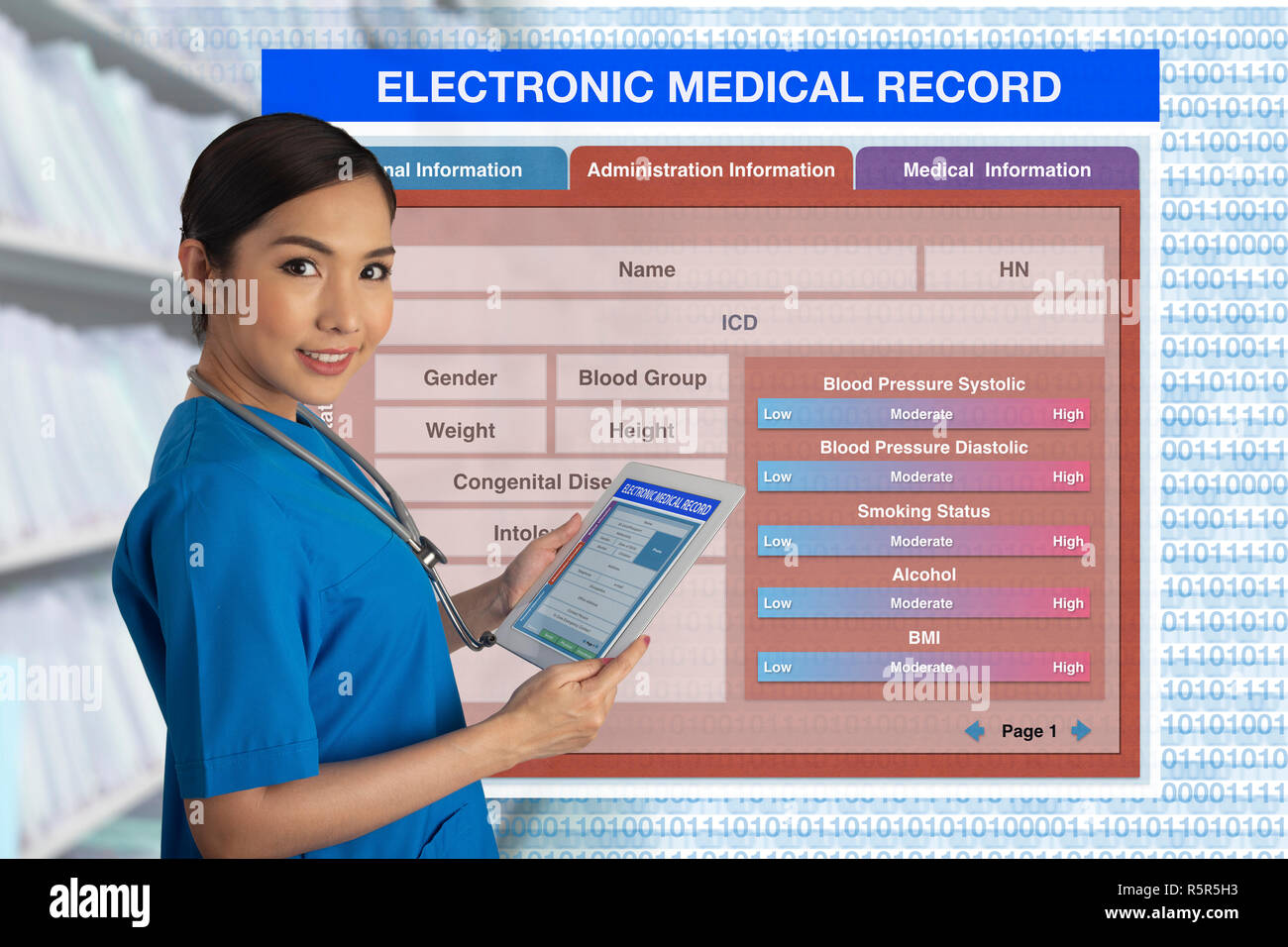Female doctor holding tablet that showing medical record form in hands ...