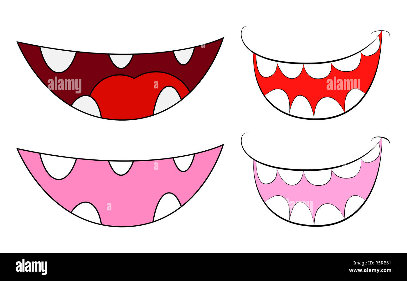 Cartoon smile, mouth, lips with teeth and tongue set. vector ...