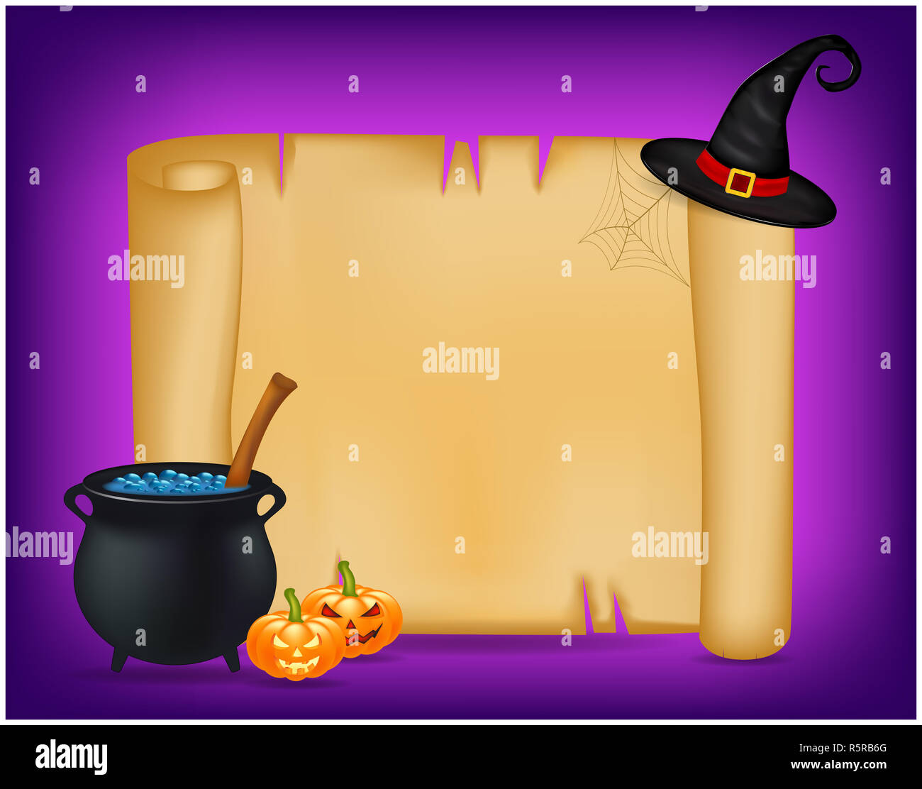 Halloween banner, card with empty paper scroll and witches cauldron ...