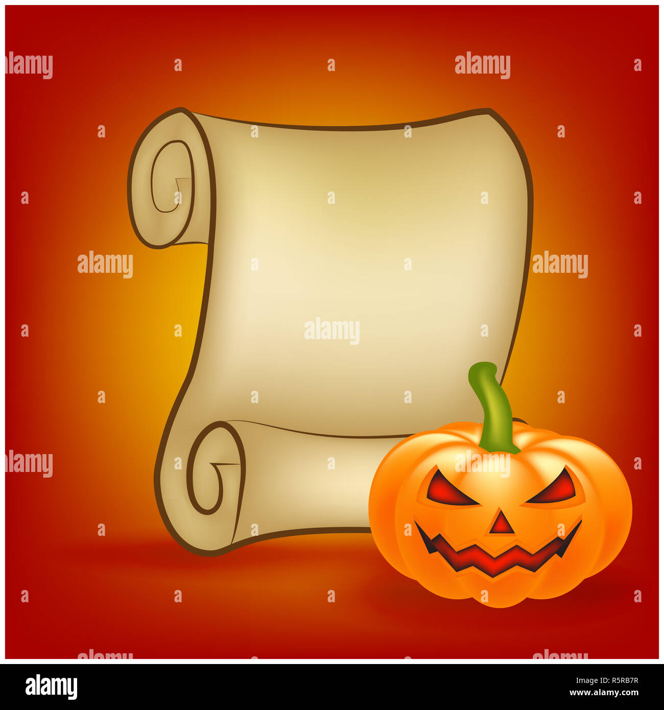 Halloween banner, card with empty paper scroll and pumpkin. Blank ...